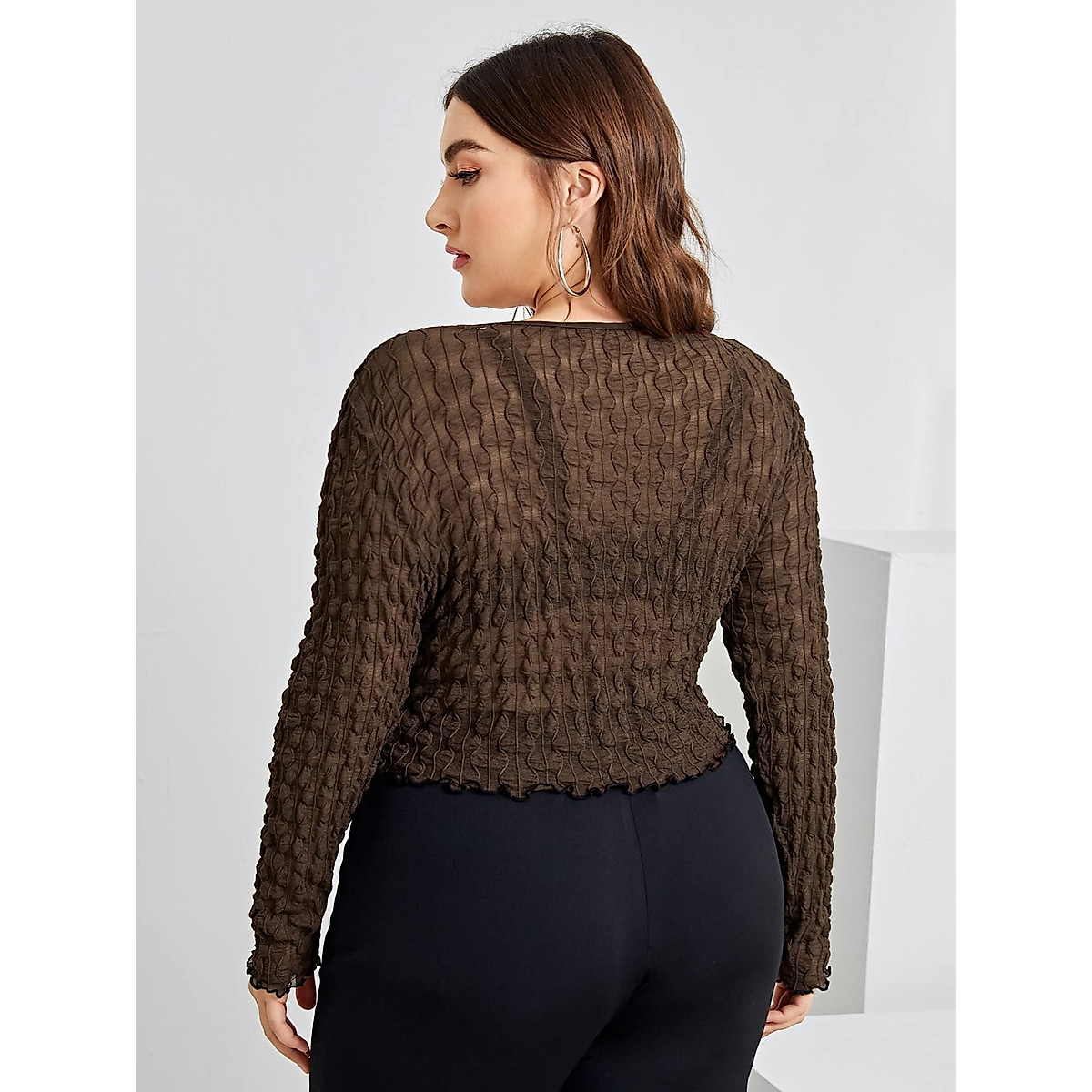 Floerns Women's Plus Size V Neck Lettuce Trim Long Sleeve Mesh Crop Top T Shirt Brown 2XL