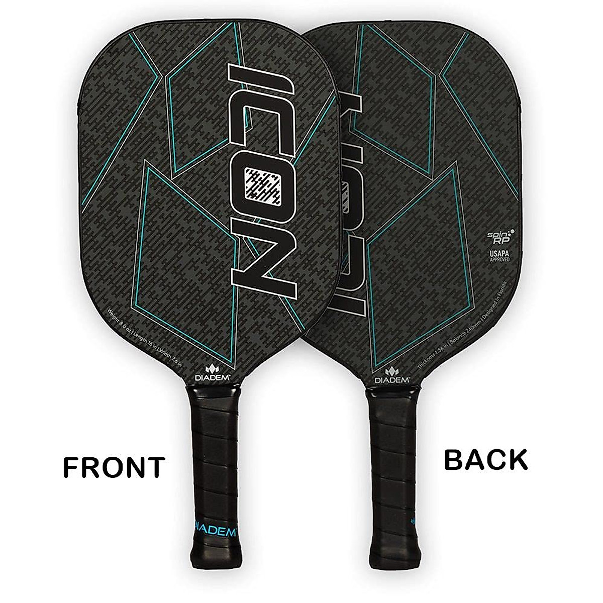 Diadem ICON Performance Pickleball Paddle (Black, Mid, 8oz) | Graphite Carbon Fiber, Honeycomb Core, Fiberglass Face, Ultra Sleek Edge Guard, Spin Friendly | Indoor/Outdoor | USAPA Approved