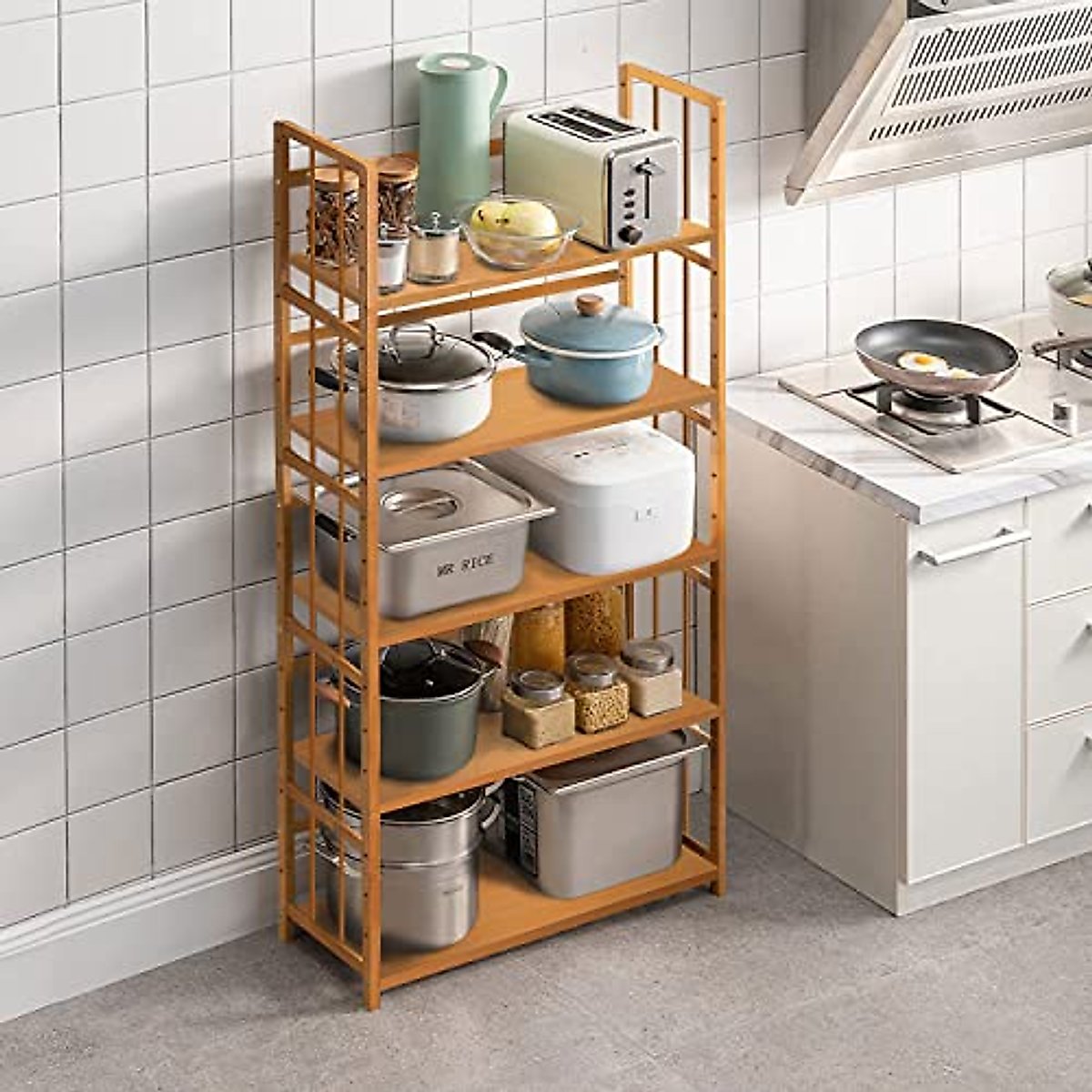 IOTXY Adjustable Bamboo Open Bookshelf - Medium 3-Tier Free Standing Storage Rack, Multifunctional Display Stand for Bookcase, Home and Office, Light Brown