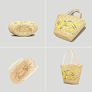 QTKJ Summer Straw Bag, Beach Bag for Women, Handwoven Handbag Vintage Lemon Pattern Embroidery, Large Rattan Tote Bag Suitable for Vacation Seaside Travel