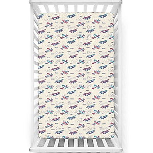 Vintage Airplane Themed Fitted Mini Crib Sheets,Portable Mini Crib Sheets Toddler Bed Mattress Sheets-Crib Mattress Sheet or Toddler Bed Sheet,24“ x38“,Multicolor