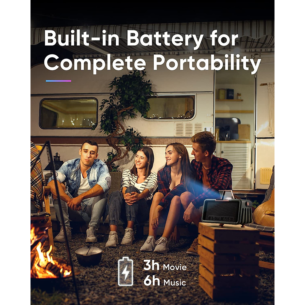 NOMVDIC X300 Smart Portable Projector,16W Harman Kardon Speakers, 1080P FHD Video Projector, 300 ANSI Outdoor Movie Projector, Wireless WiFi & BT, 110" Big Screen, Battery Built-in 6H Music/ 3H Video