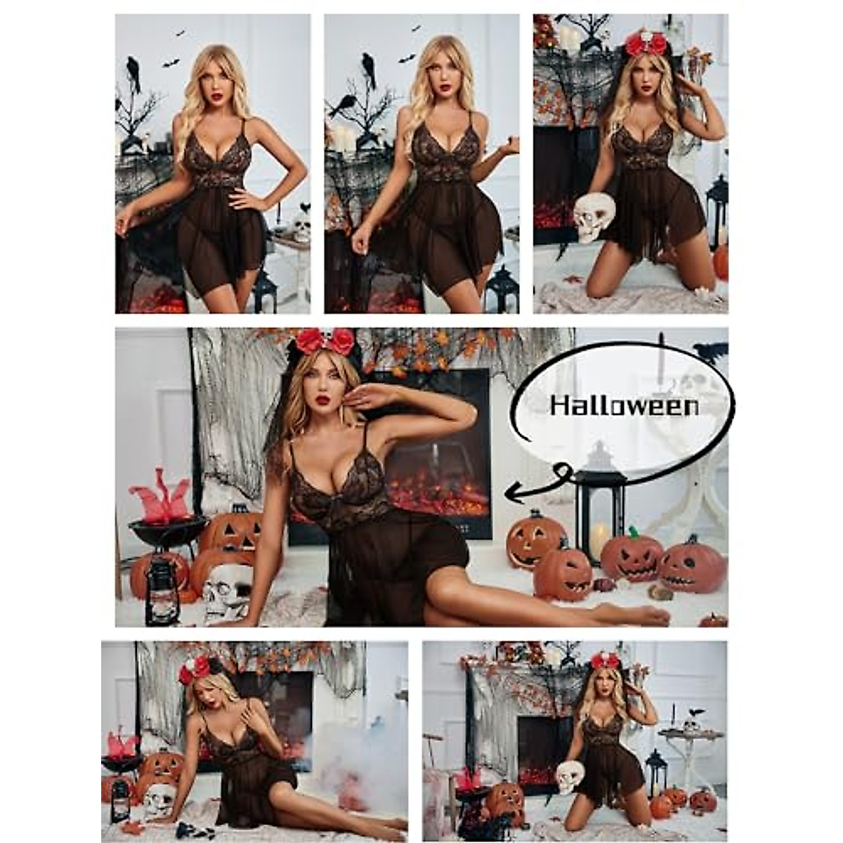 Avidlove Women Babydoll Set Mesh Lingerie Strap Chemise Lace Sleepwear Outfits Black Small