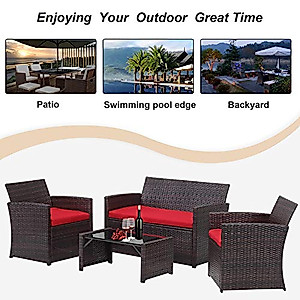 Saemoza Patio Furniture Set, 4 Piece Outdoor Wicker Rattan Patio Furniture with Tempered Glass Tabletop, Brown Wicker| Red Cushions for Outdoor Garden