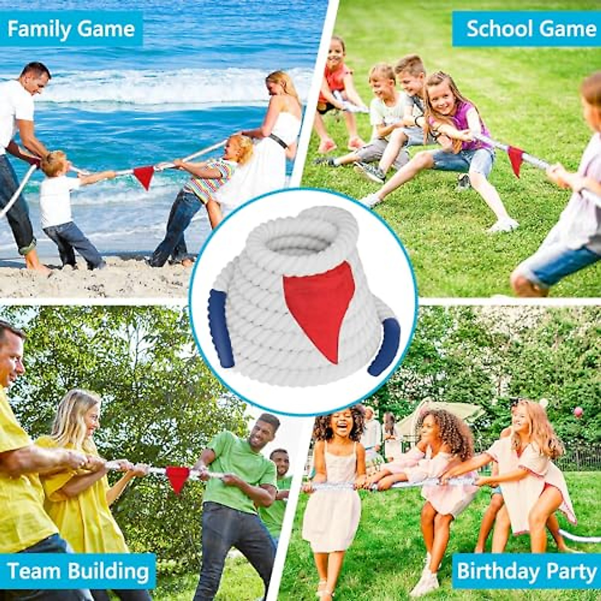 X XBEN 35 Feet Tug of War Rope with Flag for Kids, Teens and Adults, Soft Polypropylene Rope Games for Team Building Activities, Family Reunion, Birthday Party-15 ft,55 ft,110 ft White