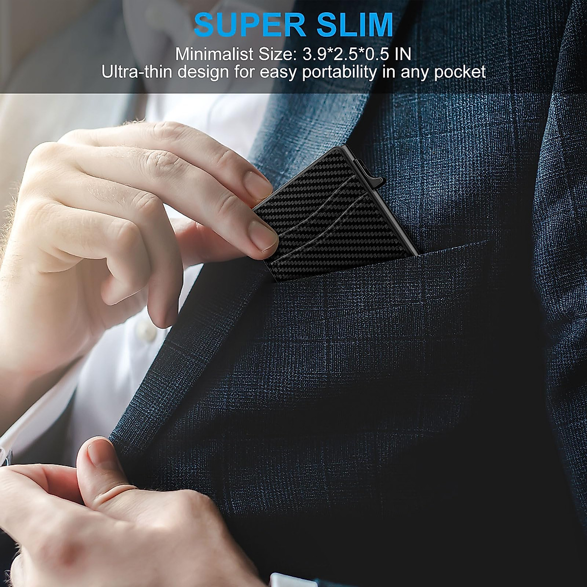 CHJGLNL Slim Wallet for Men - with Money Clip, Minimalist Wallet with Gift Box, Aluminum Pop Up Credit Card Holder, RFID Blocking | Premium Carbon Fiber Leather | 12 Card Capacity