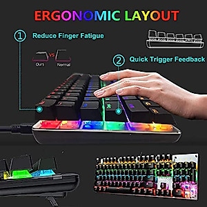 Wired Mechanical Gaming Keyboard Blue Switch 104 Keys RGB Rainbow LED 9 Backlight Modes Full Anti-ghosting Metal Panel Waterproof Ergonomic Key Layout USB for Gamers Typists(Black)