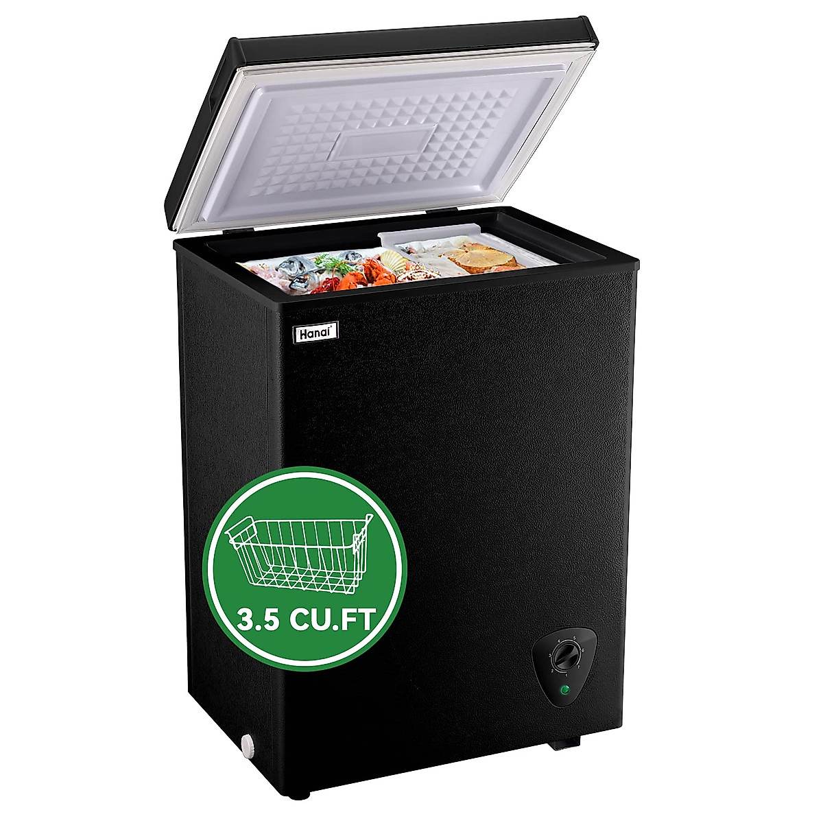 Chest Freezer Small Deep Freezer Black 3.5 Cu.Ft Free-Standing Top Door Freezer Adjustable 7 Thermostat and Removable Basket Open Garage Basement Apartment Kitchen Business