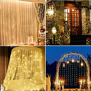 Led Curtain Lights, 300 LED Curtain String Light with 8 USB Modes Remote for Christmas Bedroom Party Wedding Home Garden Wall Decorations(Warm White)