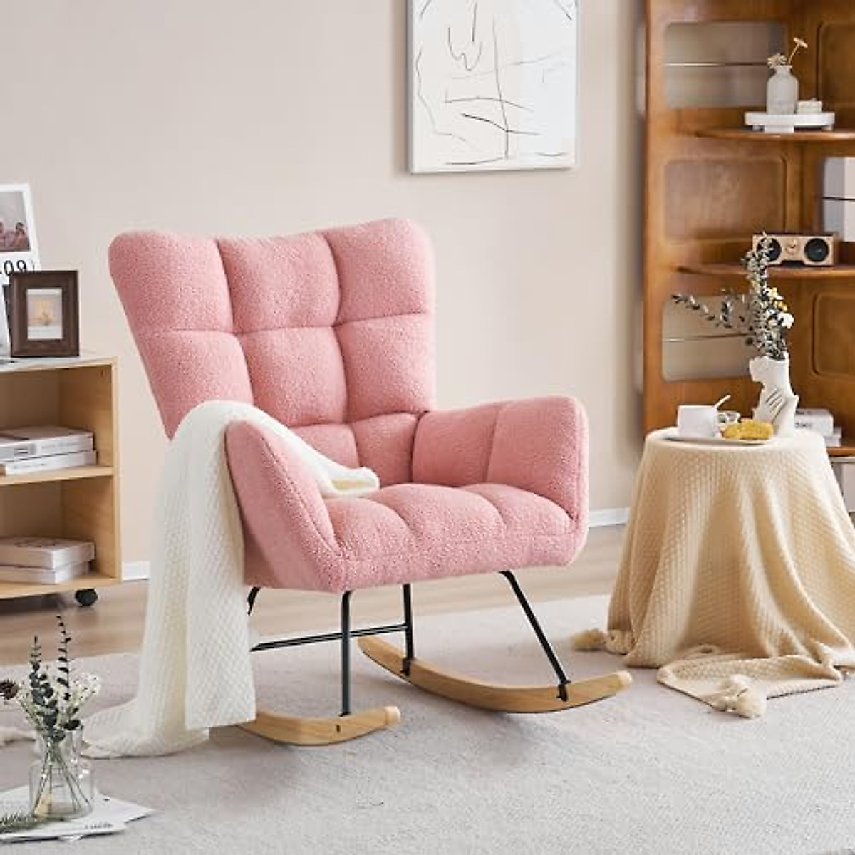 Furnimart Rocking Chair, Nursery Glider Rocker with High Backrest, Upholstered Glider Rocking Chairs for Nursery, Pink Comfy Reading Chair, Teddy Fabric Side Chair for Living Room, Bedroom