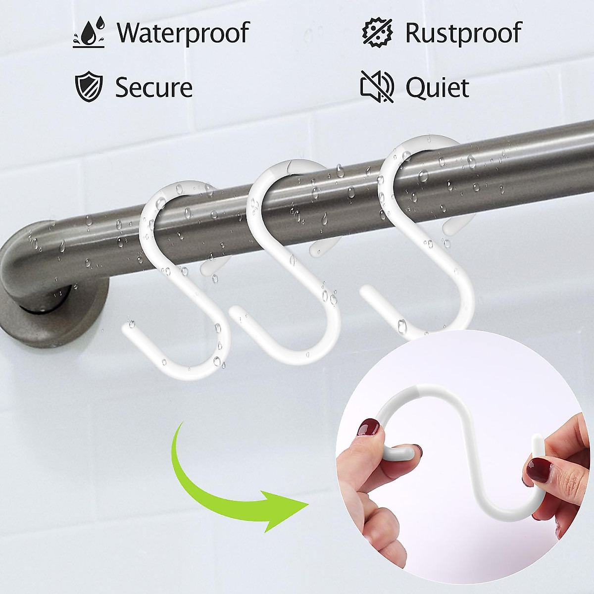 6 Pack Secure & Quiet Plastic S Hooks for Hanging Towel, 3.5 Inch Shower Curtain Hooks Rings Rust-Free,Twist & Lock Small Closet S Hooks for Shower Curtain, Clothes, Towels, Hats (White)