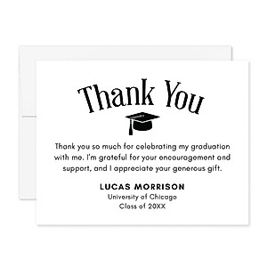 Hello Love Goods Graduation Thank You Cards Personalized with Name and School, 5.5x4.25 Black and White Flat Thank You Note Cards with Envelopes