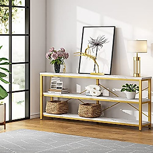 LITTLE TREE 70'' Narrow Long Sofa Console Table with 3-Tier Storage Shelf for Living Room, Faux Marble White & Gold