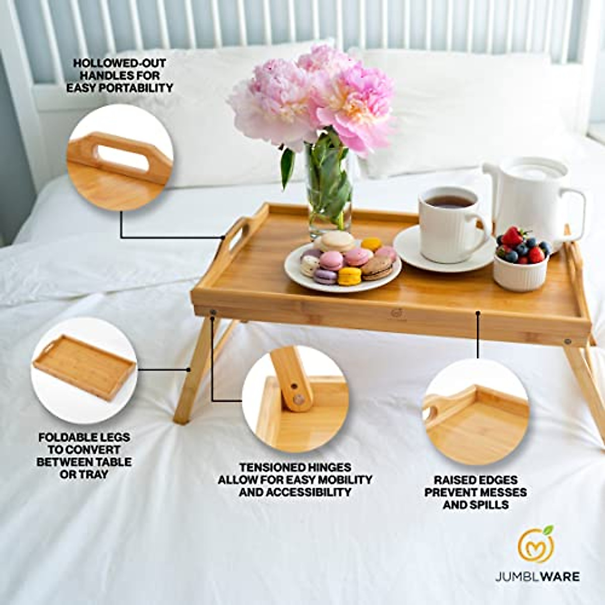JumbleWare Bamboo Bed Tray. Portable Wooden Breakfast in Bed Serving Table Set with Folding Legs & Carry Handles for Eating Food or Working on Laptop. Great Home Gift for Women, Men, Kids & Elderly