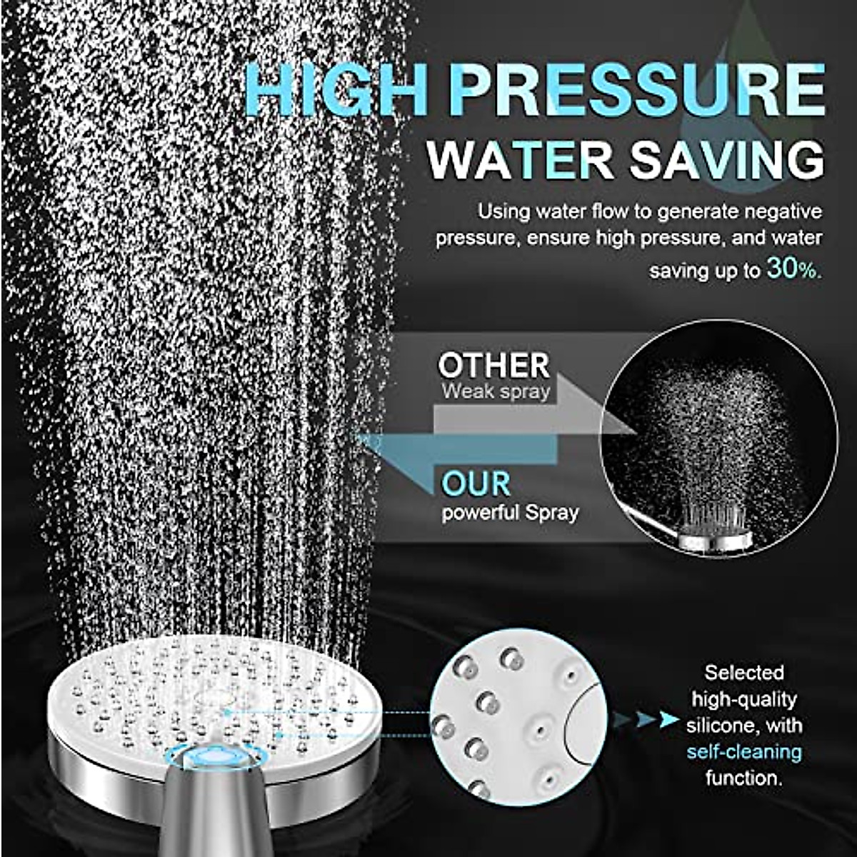 Shower Head High Pressure, 4.5”Rain Handheld Shower Head with Pause Switch, 3 Setting Showerhead with Stainless Steel Hose 71 Inch, Chrome