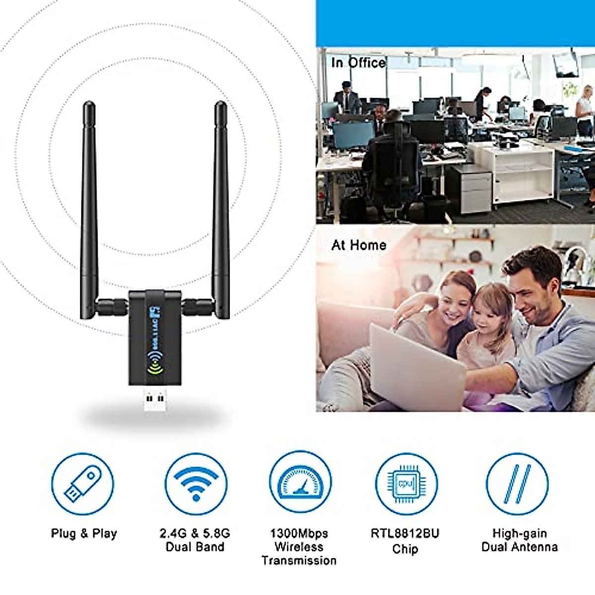 Wireless USB WiFi Adapter for PC: 1300Mbps WiFi USB, 802.11AC WiFi Adapter for Desktop PC, Dual Band WiFi Dongle Wireless Adapter for WIN7 8 10 11 XP MAC Linux, USB Computer Network Adapters
