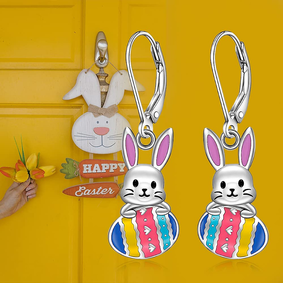 Bunny Earrings Easter Earrings for Women Lever Back Sterling Silver Animal Bunny Egg Rabbit Holiday Dangle Drop Easter Jewelry Gifts