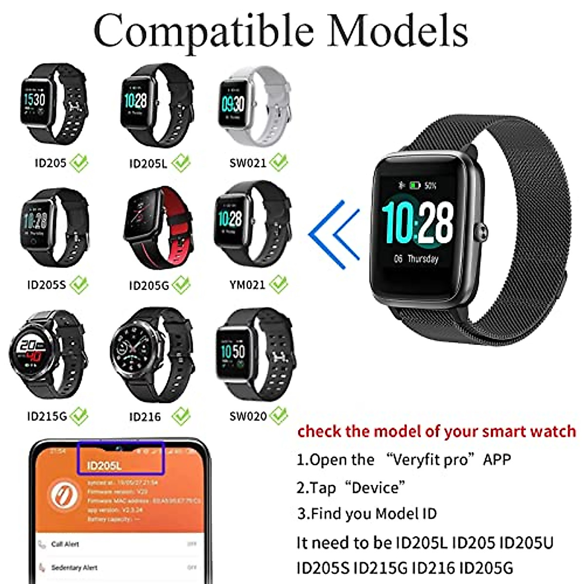 Snyeest Magnetic Bands Compatible with 19mm ID205L Veryfitpro Smartwatch, No Buckle Design, Stainless Steel Mesh Loop Replacement Strap for Men Women for ID205L, ID205G ID205 ID205U ID205S, Black
