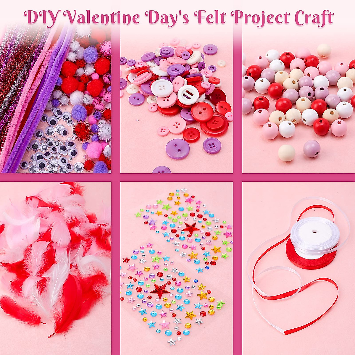 Caydo 730PCS Valentine Day Arts and Crafts Supplies for Kids, Including Felt Sheets Pipe Cleaners Pom Poms Wiggle Eyes Feather for Valentine's Day Craft and Decorations