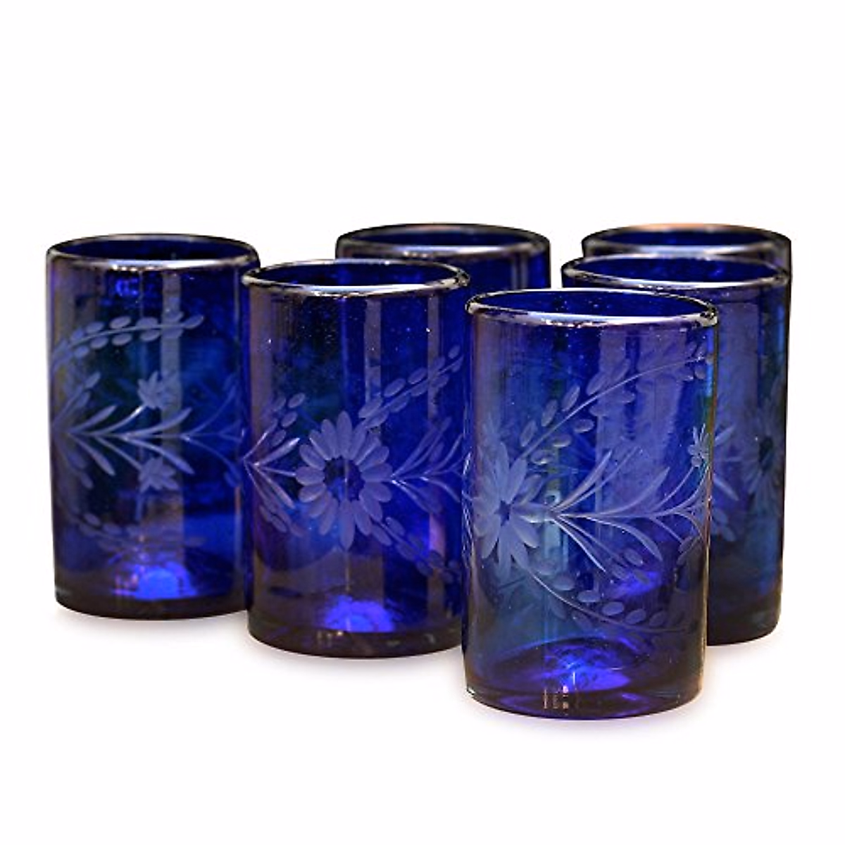 NOVICA Hand Blown Recycled Glass Etched Blue Drinking Glasses, 14 Oz 'Blue Blossoms' (Set Of 6)