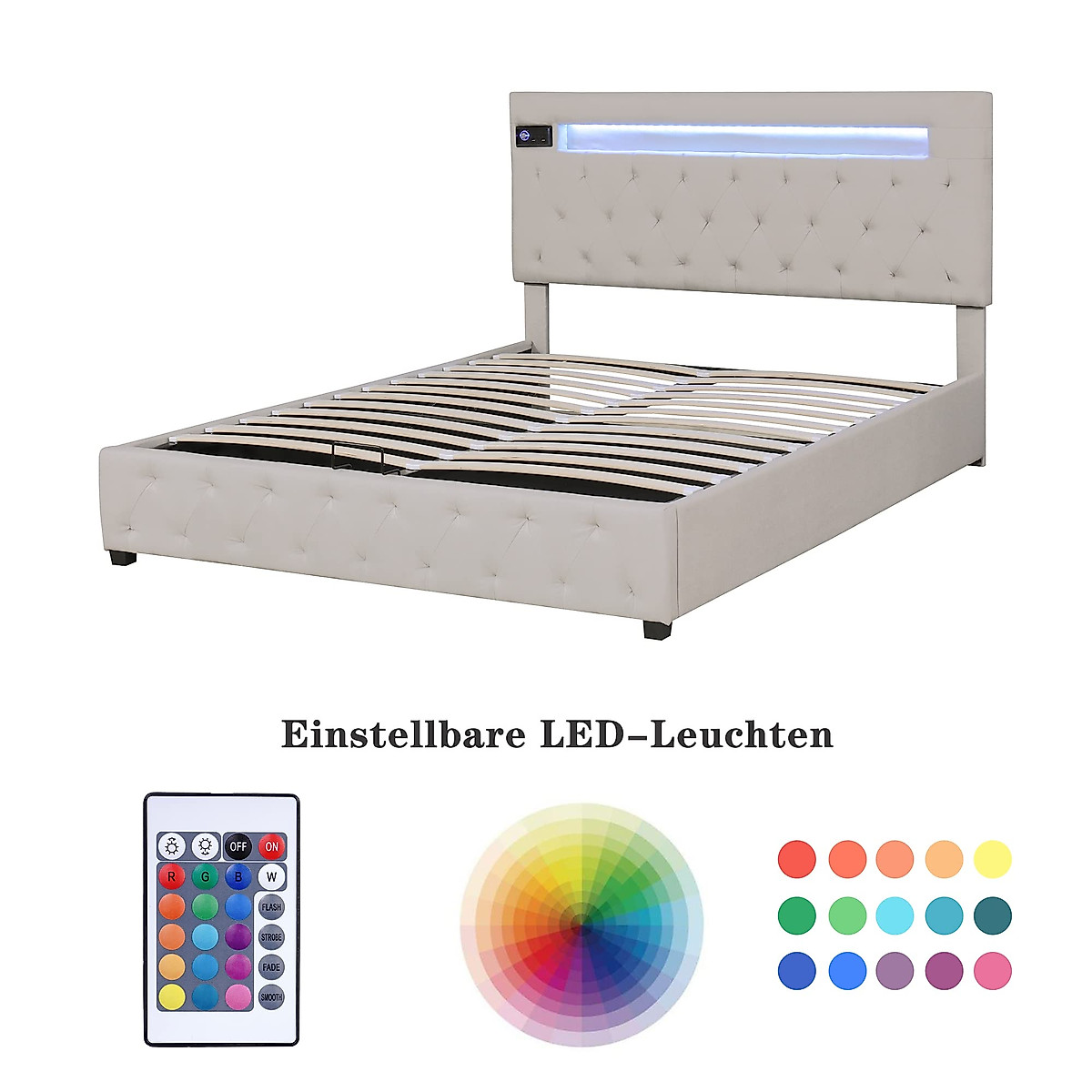 Queen Lift Storage Bed Upholstered Bed, Luxury Bed Frame With LED Light Bluetooth Player And USB Charging,Adjustable Linen Fabric Headboard,Hydraulic Storage Platform Bed For Kids Teen Adults (Beige)