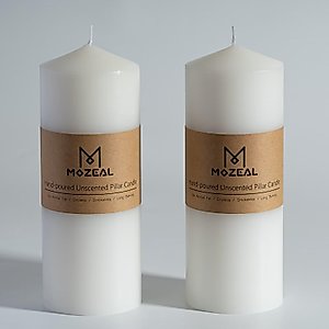 MOZEAL 3" x 8" Hand-Poured Unscented Candles,Large White Pillar Candles Set of 2,No Drip,Approx 120 Hours Long Burning,Wedding,Dinner,Christmas and Home Decor（3 Inch Diameter 8 Inch Height）