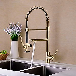 EKRTE Brushed Gold Kitchen Faucet, Commercial Style Pre-Rinse Kitchen Faucets with Pull Down Sprayer, Spot Free Single Handle Kitchen Sink Faucet
