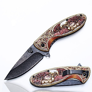 Outdoor Survival Folding Blade Knife- Fruit Utility Assisted Knife - 3d Deer Handle - Good For Collections