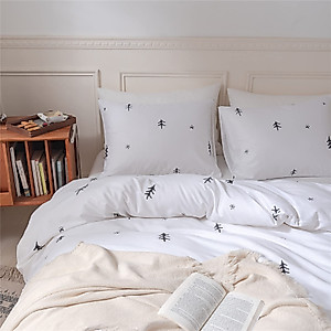 BuLuTu Kids Duvet Cover Full Cotton White/Grey,Premium Boys Girls Bedding Sets Queen,Double Bed Comforter Cover Zipper Closure,Forest Tree Print Pattern,Super Soft,Breathable,No Comforter