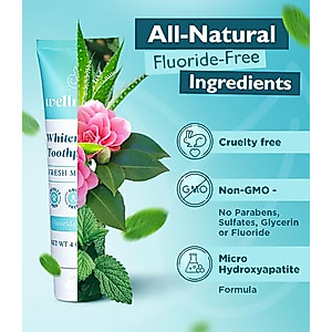 Wellnesse Whitening Toothpaste - Teeth Whitening Fluoride Free Natural Toothpaste - Fresh Mint - 3 Tubes, 4 oz - Made with Hydroxyapatite Powder, Green Tea Powder, and Aloe Vera