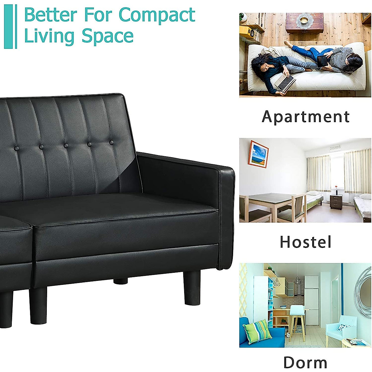 OQQOEE Futon Sofa Bed Modern Faux Leather Upholstered Convertible Folding Lounge Couch- Loveseat Sofa Sleeper with Adjustable Backrest and Side Pockets for Compact Living Space (Black)