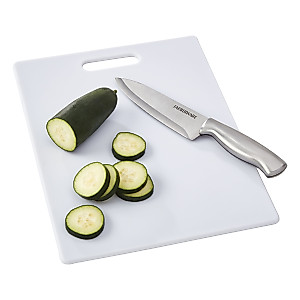 Farberware 22-Piece Never Needs Sharpening Triple Rivet High-Carbon Stainless Steel Knife Block and Kitchen Tool Set, Black & 78892-10 Farberware Plastic Cutting Board, 11-inch by 14-inch, White
