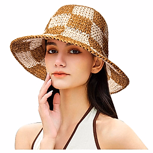 Sun Hats Checkerboard Straw Bucket Hat for Women Packable Crochet Wide Brim Floppy Beach Hats Traveling Summer Accessories (Beige)