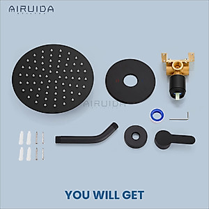 Airuida Matte Black Single Function Shower Trim Kit Shower Faucet Set Wall Mount 8 Inch Round Rainfall Shower Head and Handle Set Single Handle Shower System Set with Female Threads Rough-in Valve