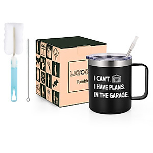 LiqCool Birthday Gifts for Men, I Can't I Have Plans in The Garage 12 Oz Insulated Coffee Mug, Mens Birthday Gift ideas, Christmas Birthday Father's Day Gifts for Men Husband Friends (Black)
