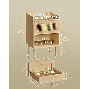 VASAGLE BOHOVEN Collection - Nightstands with Charging Station, Set of 2, Bedside Tables with Motion Sensor Lights, Rattan-Like Side End Tables, Solid Wood Legs, for Bedroom, Boho Style, Oak Beige