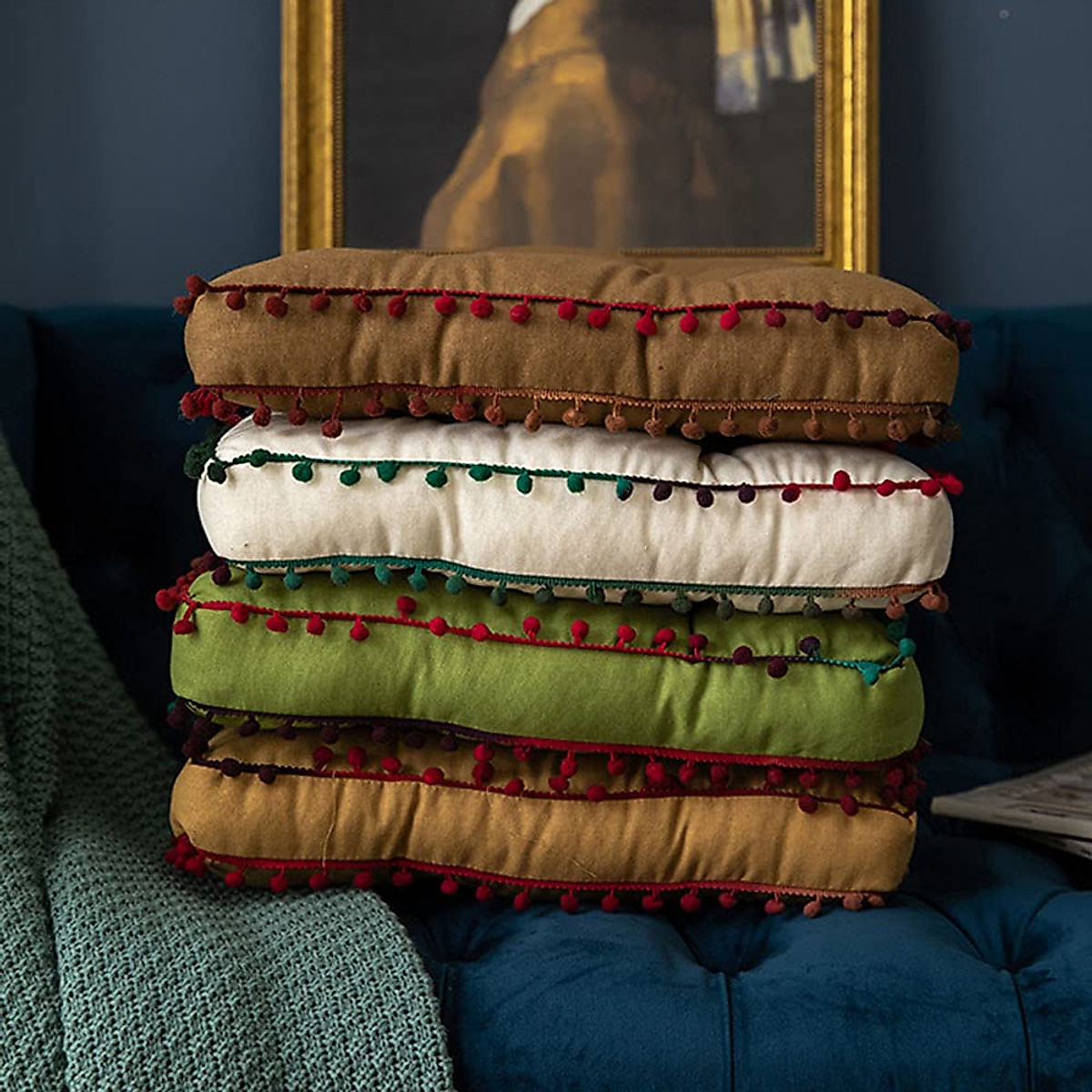 vctops Colorful Pompoms Cotton Linen Chair Pad Super Soft Comfy Chair Seat Cushion for Dining Chairs, Office Chairs, Hardwood Floors (White, 16"x16")