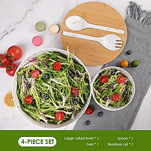 ECOWAY Salad Serving Bowl Set with Natural Bamboo Lid & Utensils, Bamboo Fiber Mixed with Melamine Salad Bowl Large, with Spoon&Tongs for Mixing Salads, Soup, Vegetables, Pasta and Fruit, 9.84 Inches