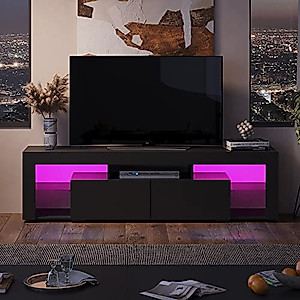 WLIVE LED TV Stand for 60/65/70 Inch TV, Entertainment Center with Open Shelves, TV Console with 2 Storage Drawers for Bedroom, Living Room, Media Stand with Display Glass, Black