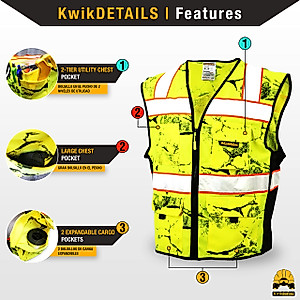 KwikSafety - Charlotte, NC - UNCLE WILLY’S WALL Safety Vest [10 POCKETS] Class 2 ANSI OSHA High Visibility Reflective Camo Heavy Duty Mesh HiVis Construction Work HiViz Men/Yellow Black Large