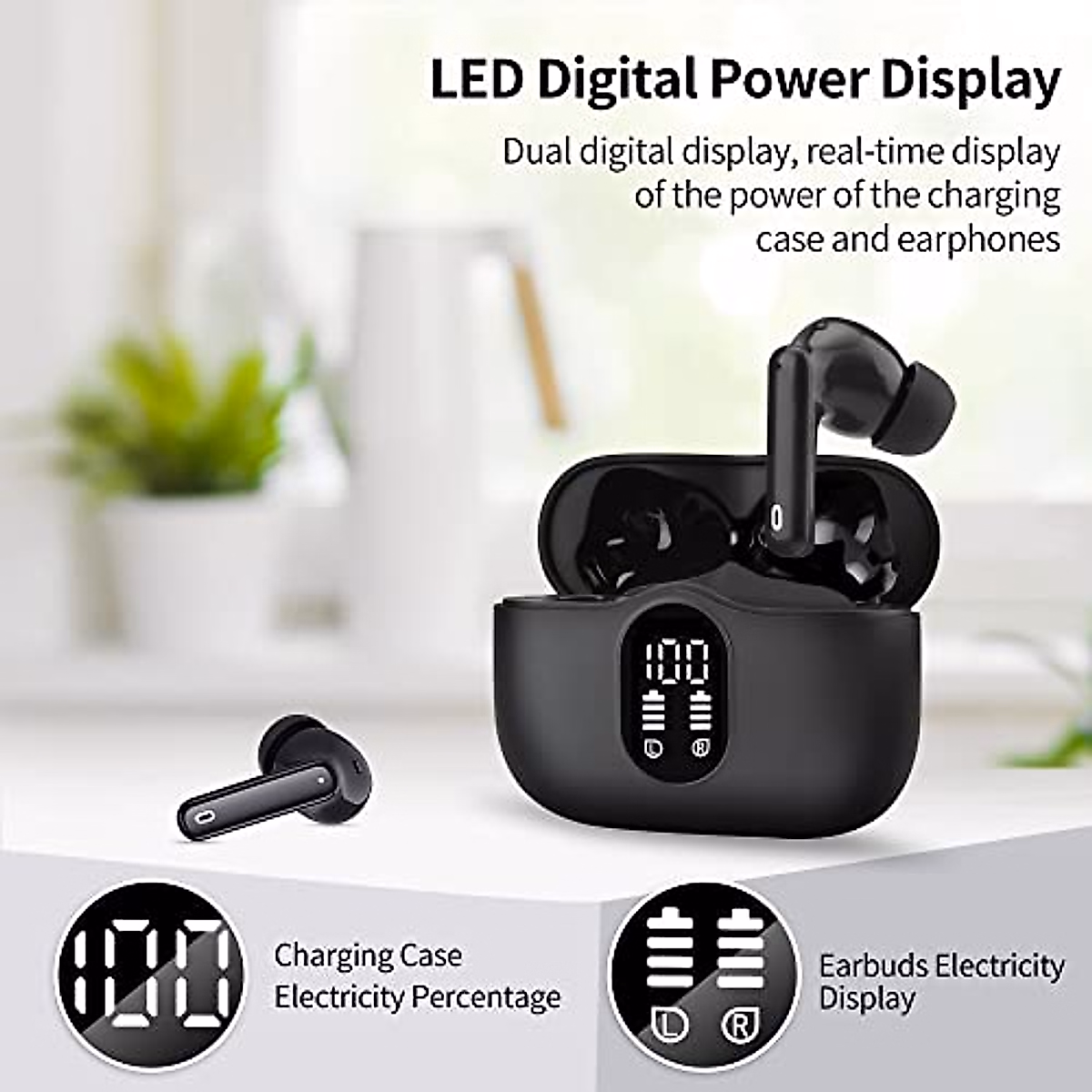 Wireless Earbuds Bluetooth Headphones LED Power Display Earphones Active Noise Cancelling Ear Buds with Charging Case Bluetooth 5.3 Hi-Fi Stereo in-Ear Earbuds for iPhone/Android/PC/Laptop (Black)