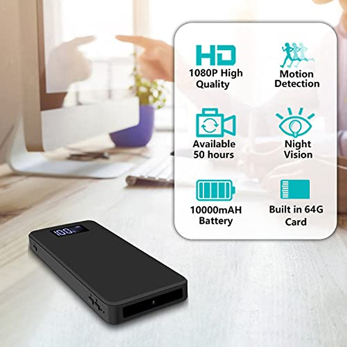 KEHZKCT 64GB Spy Camera Hidden Camera 10000 mAh Full HD 1080P Mini Spy Hidden Camera,Nanny Cam Hidden Camera,Small Security Hidden Camera with Gravity Sensor/Night Vision - No WiFi