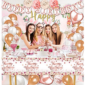 Haimimall 110 Pcs Boho Birthday Party Decorations Backdrop Pink Rose Gold Floral Balloons Happy Birthday Banner Tableware Set Include Plates Cups Cake Topper and Tablecloth for Baby Shower Girl Women
