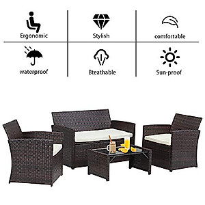 4 Pieces Outdoor Patio Furniture Set Brown Wicker Rattan Cousioned Sectional Conversation Sofa with Coffee Tea Table for Backyard Porch Garden Poolside Balcony Beige