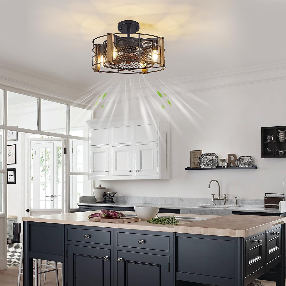 Wood Ceiling Fans with Lights, Farmhouse Caged Ceiling Fan with Lighting,Indoor Vintage Ceiling Fan with Light for Bedroom,Living Room,Kitchen
