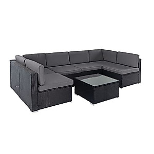 SUNCROWN 7-Piece Outdoor Patio Furniture Sofa Set All-Weather Wicker Sectional Conversation Set with Modern Glass Coffee Table and Cushions (Grey)