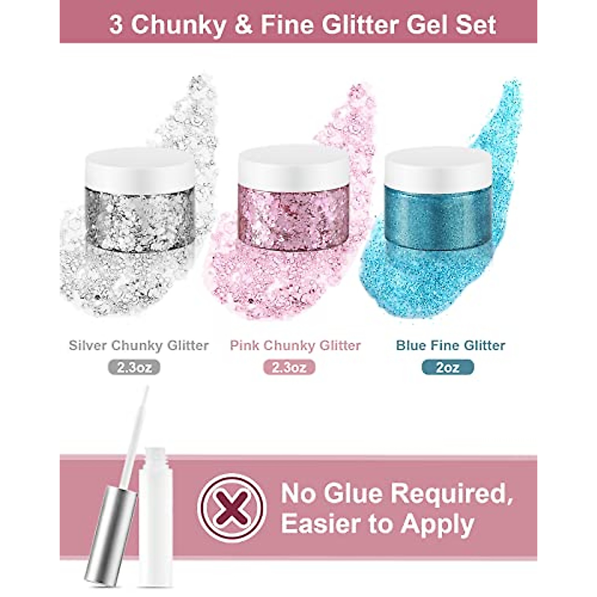 Creamify Face Body Glitter Gel - 3 Colors Pink and Silver Chunky Glitter Gel & Blue Fine Glitter Gel with Gems Sticker, Rave Accessories Hair Glitter Body Shimmer, Less Gel & Quick Dry, 65g