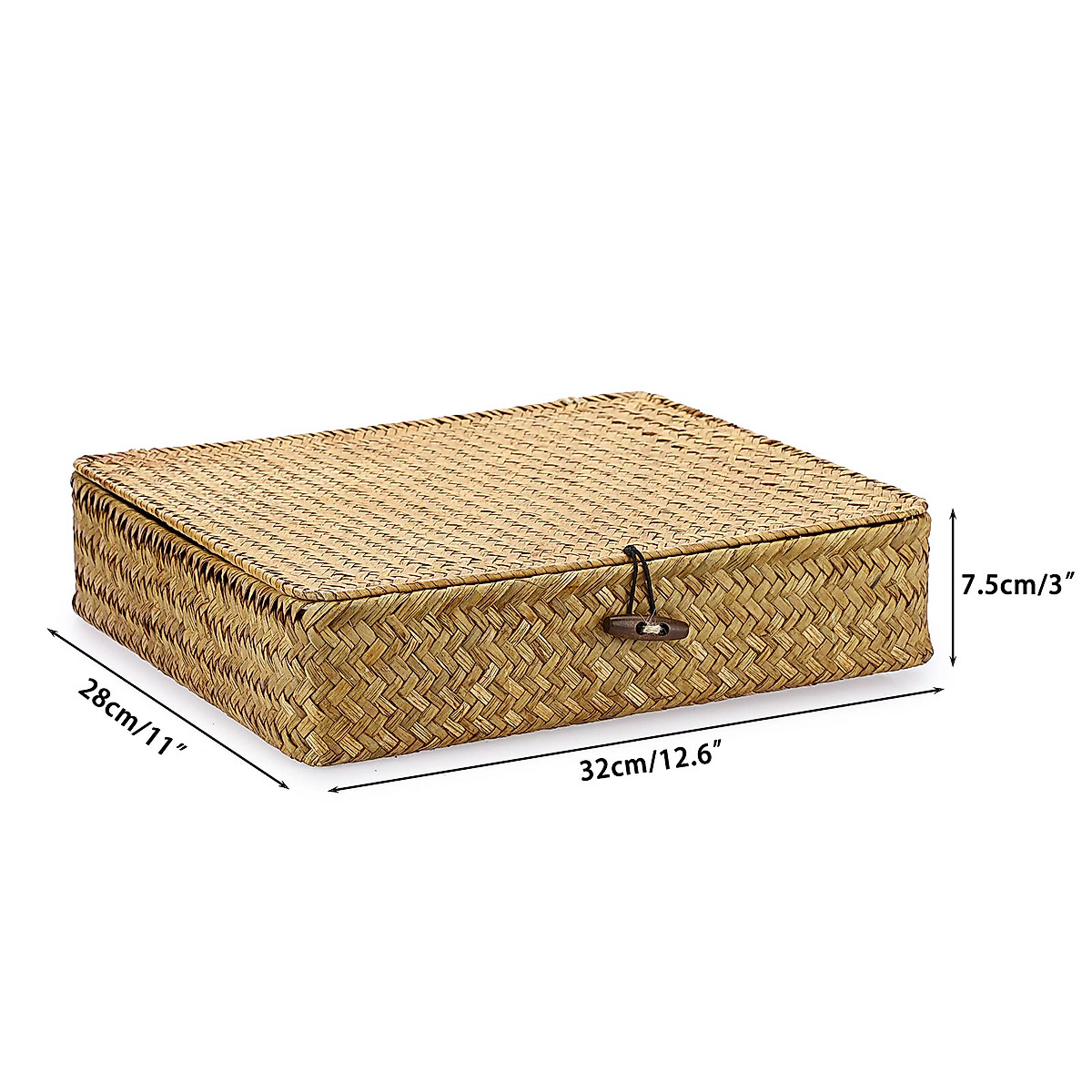 BTSKY 2 Pack Wicker Baskets With Lids Flat Woven Storage Bins for Shelf Organizing Natural Seagrass Storage Baskets with Lids Home Utility Organizer Box for Home & Office Supplies, Caramel (Large)