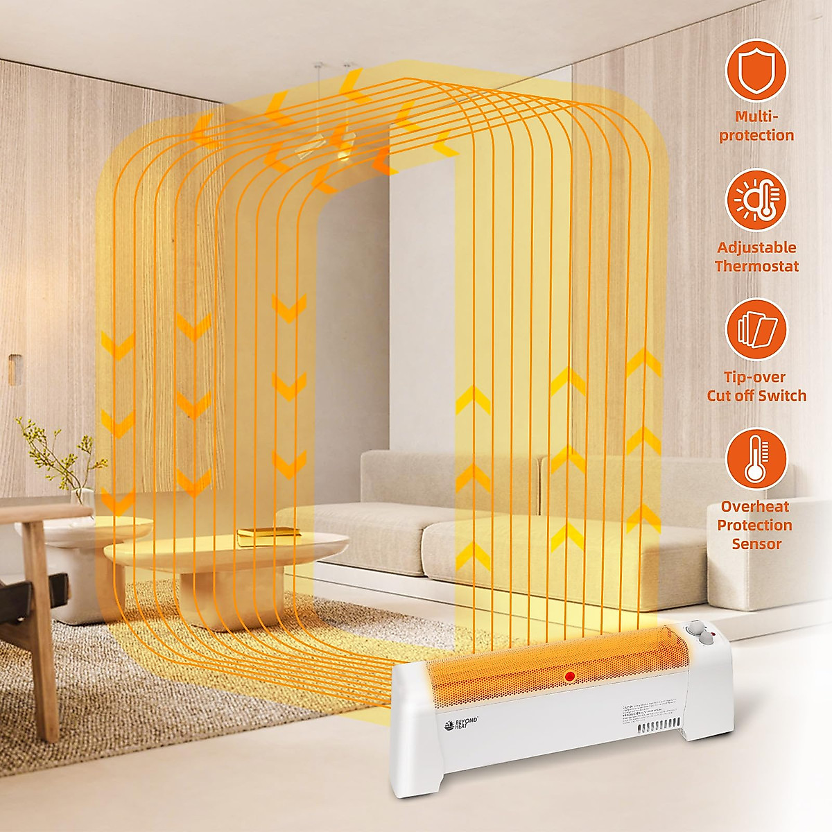 BEYOND HEAT Electric Baseboard Heater, 1500W Convection Heater with Adjustable thermostat and Overheat Protection, Slient Operation Heater for indoor use, White