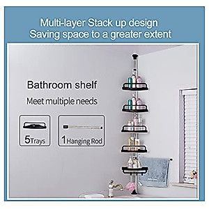 BAOYOUNI 5-Tier Shower Corner Caddy Tension Pole Adjustable Bathroom Shelf Floor to Ceiling Storage Rack Organizer Holder with Towel Bar - No Drilling - Black